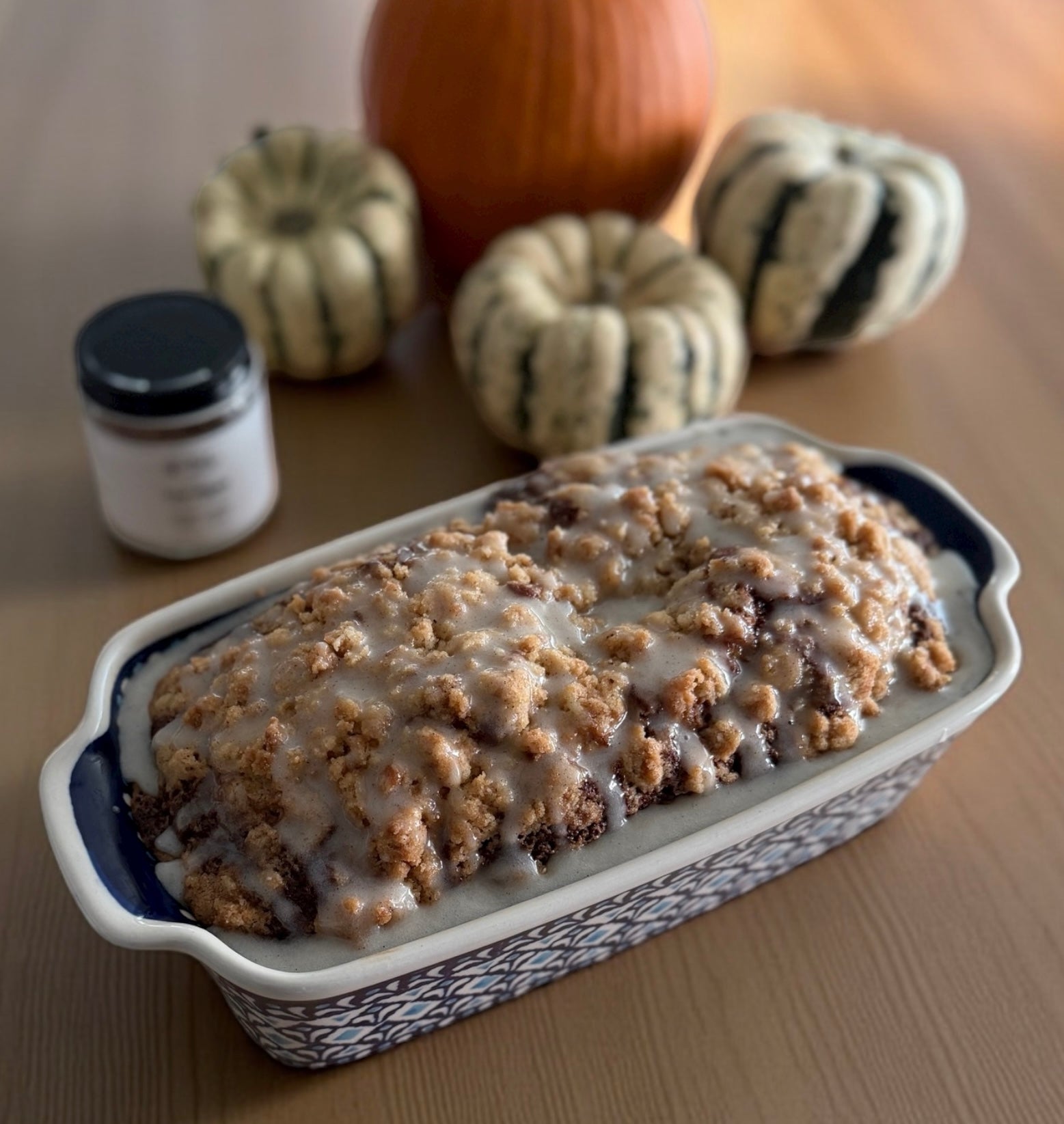 Brown Butter Pumpkin Bread with Spiced Crumble & Vanilla Bean Glaze – Blue Ghost Provisions